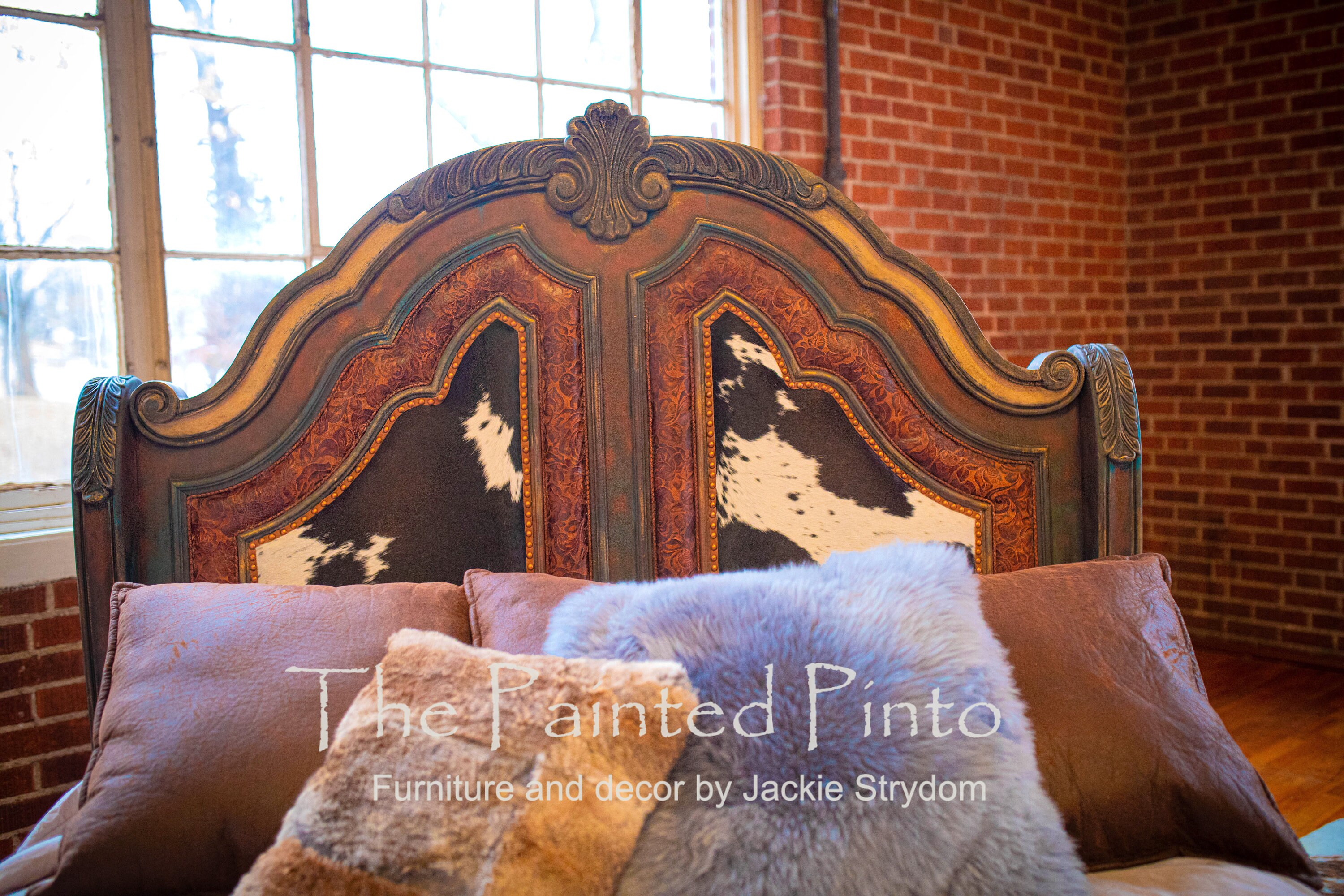 SOLD - Rustic One of A Kind Hand Painted Bed Cowhide Tooled Leather ...