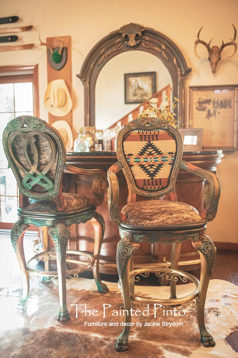 SOLD *****rustic Bar Stools Hand Painted Genuine Cowhide Leather Navajo ...