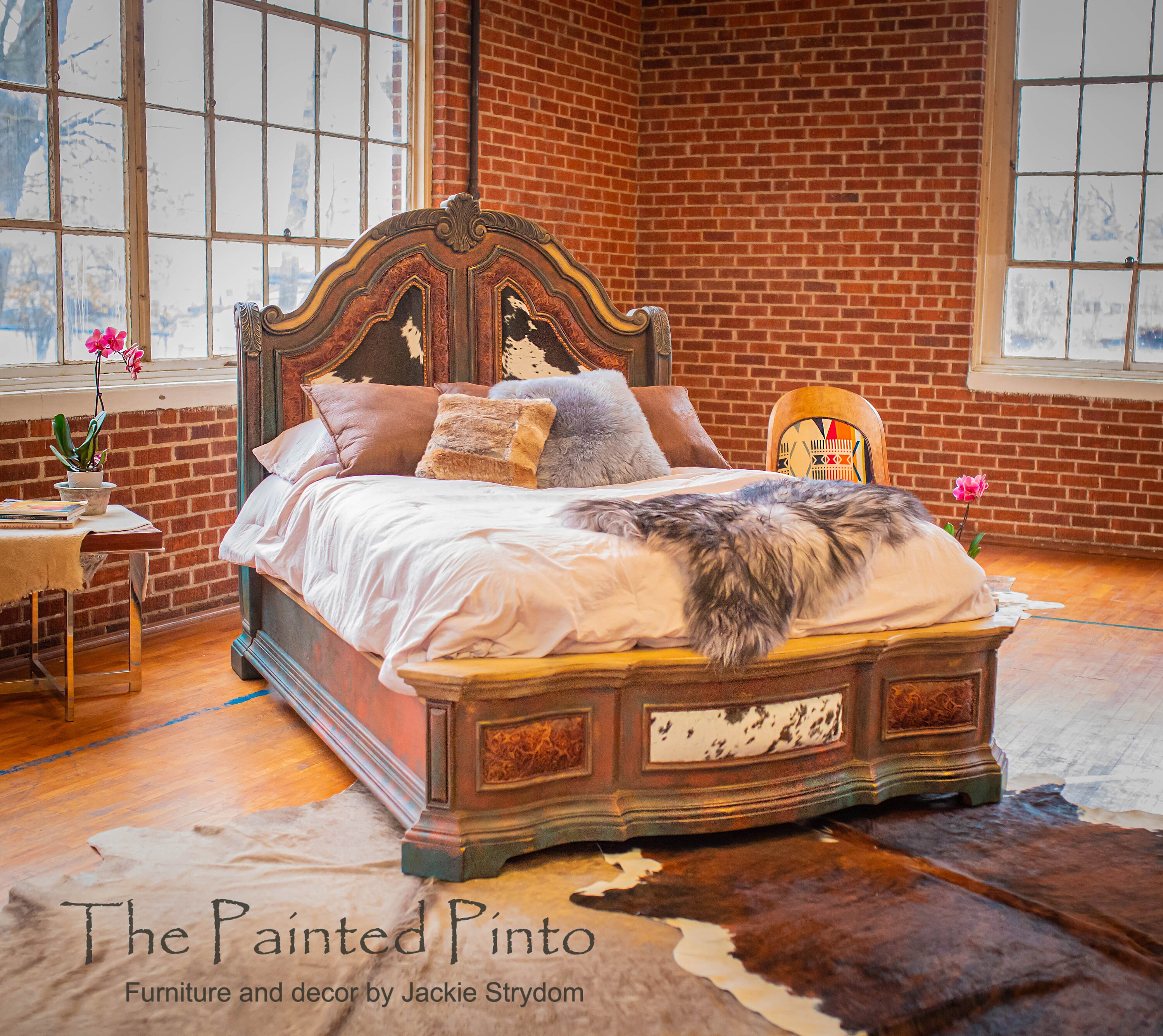 SOLD - Rustic One of A Kind Hand Painted Bed Cowhide Tooled Leather ...