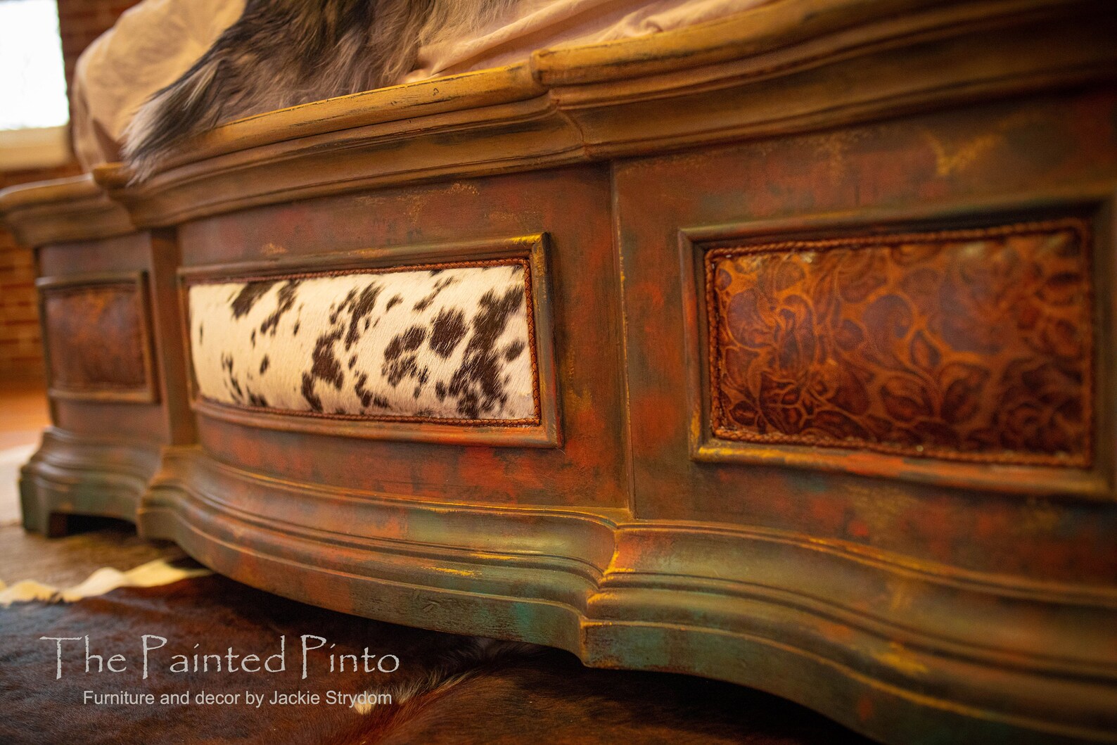 SOLD - Rustic One of A Kind Hand Painted Bed Cowhide Tooled Leather ...