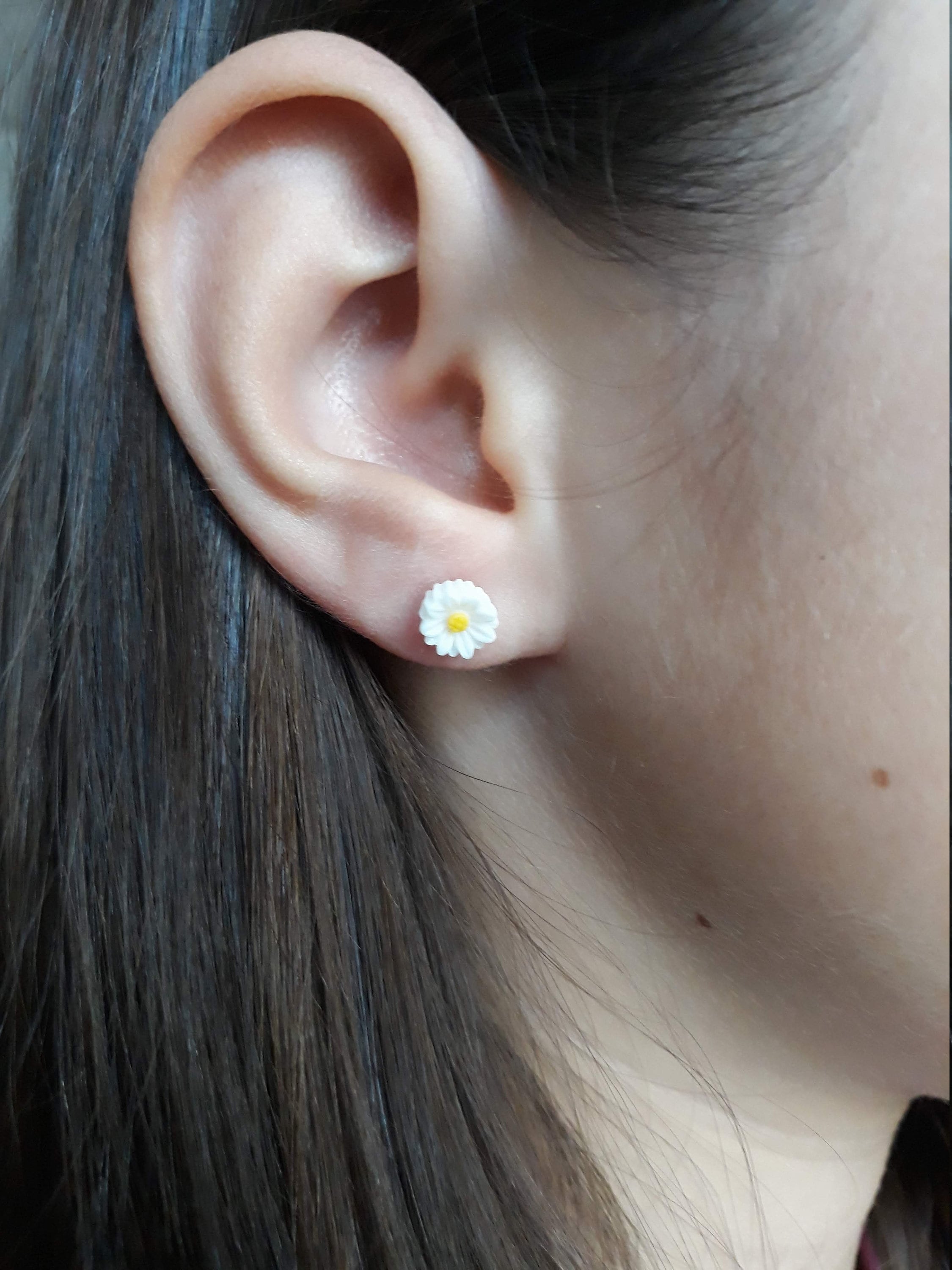 Very Small Earrings With Daisies, Earrings Without Metal for Allergic ...