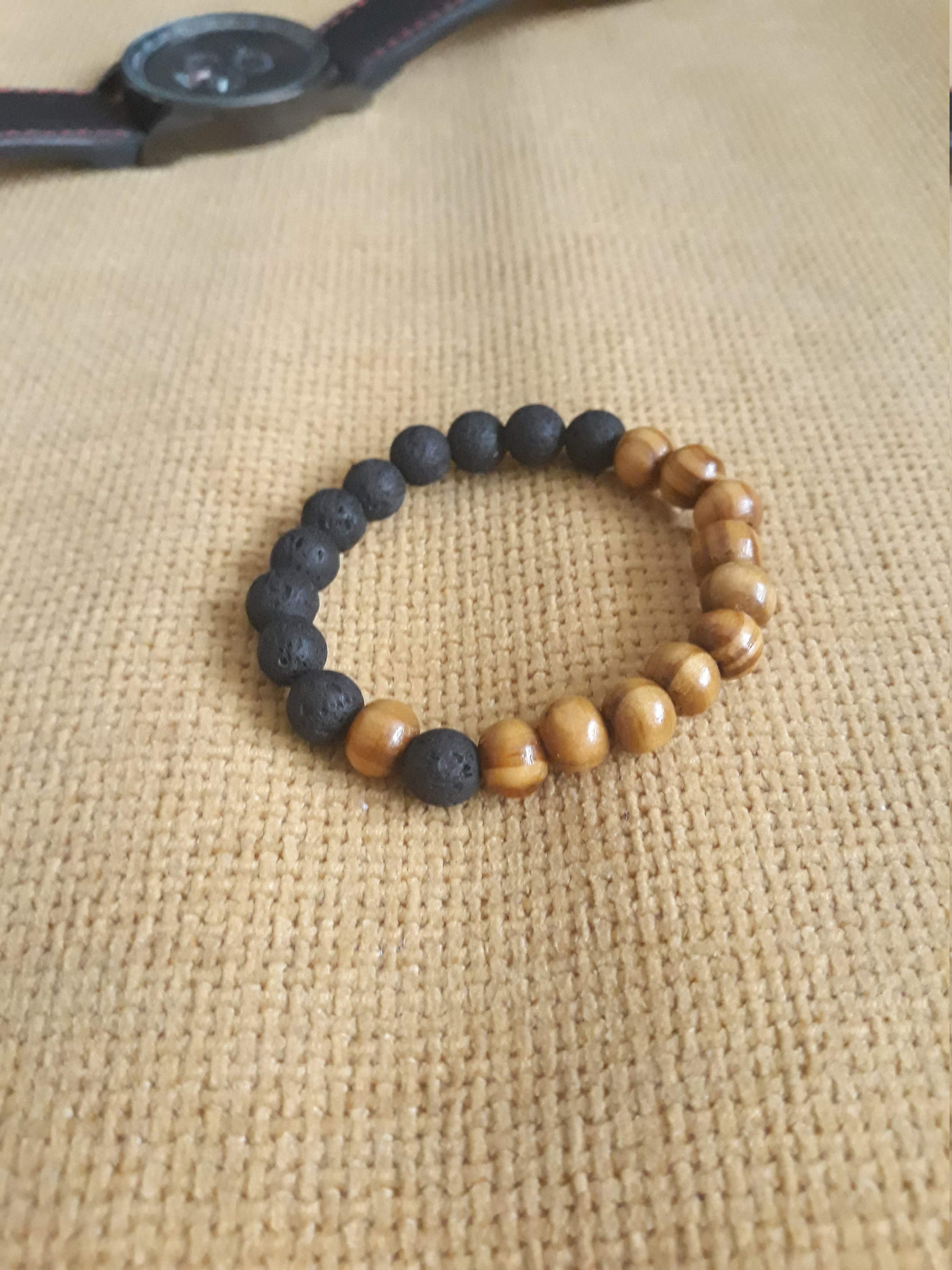 Men's Bracelet Made of Wood and Volcanic Lava, Elastic Bracelet in ...