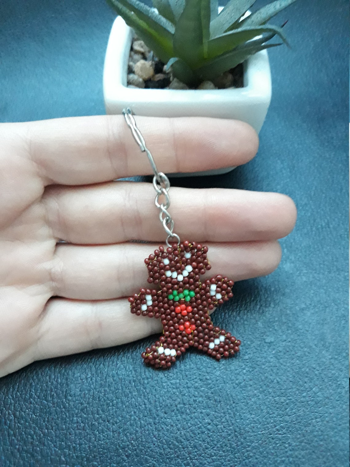 Keychain With Gingerbread Man, Keychain Made of Glass Beads ...