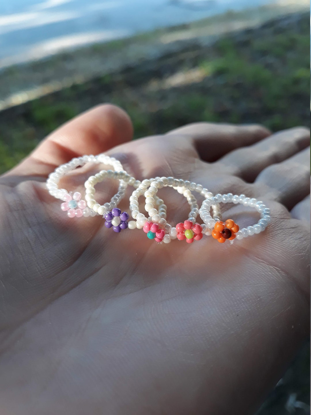 Colorful Beaded Flower Rings, Customized Elastic Ring - Etsy