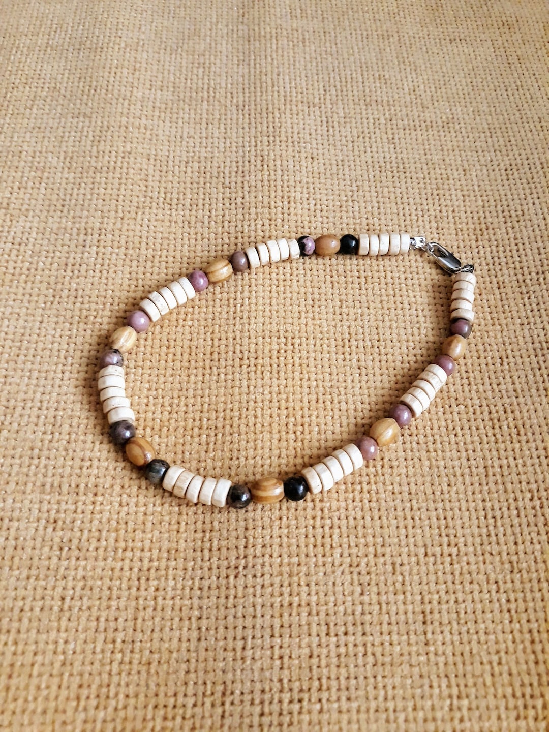 Rhodonite and Wood Bead Necklace, Unisex Choker - Etsy