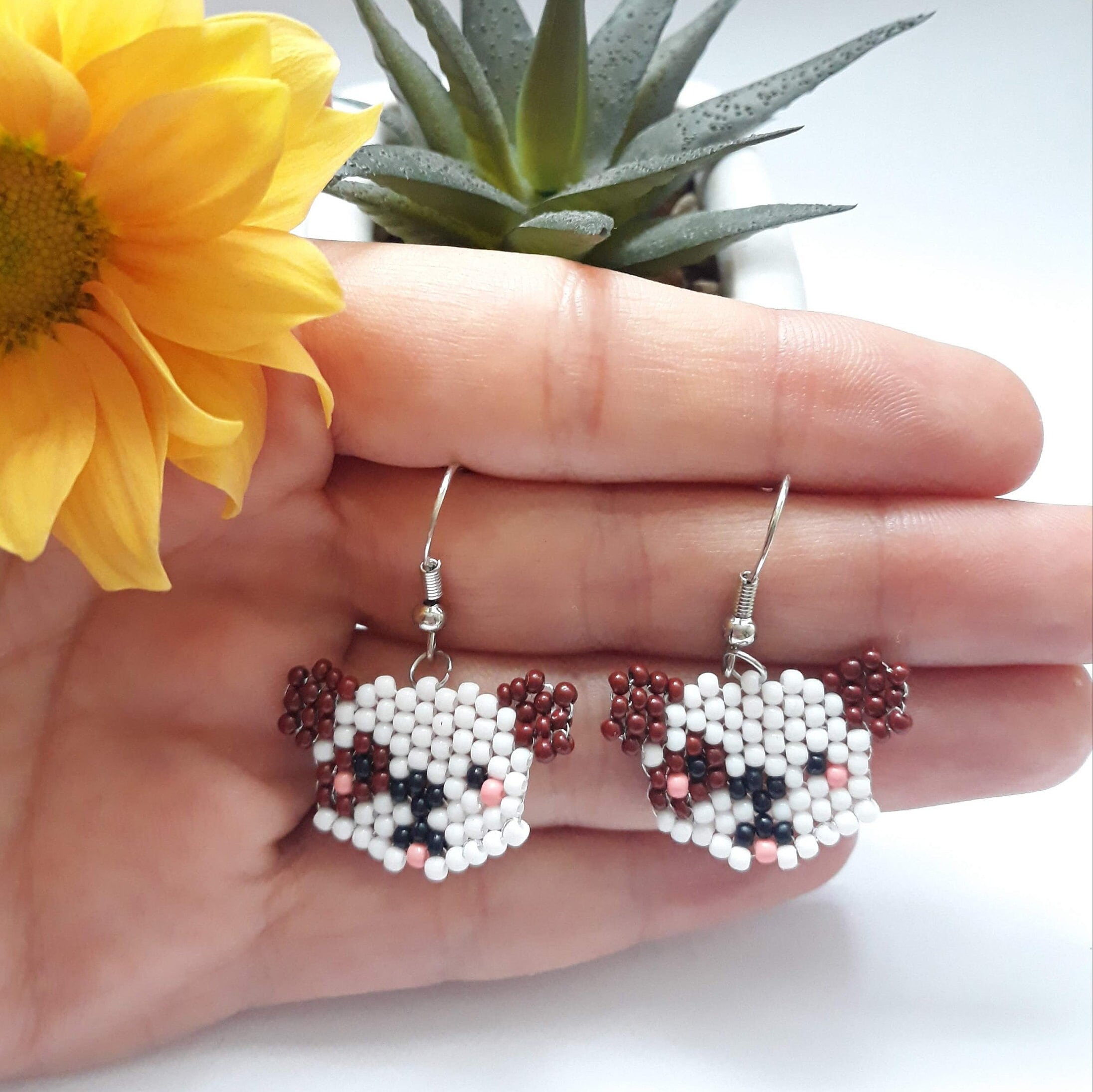 Earrings With Dogs, Earrings From Beads, Dog in White and Brown, Dog in ...