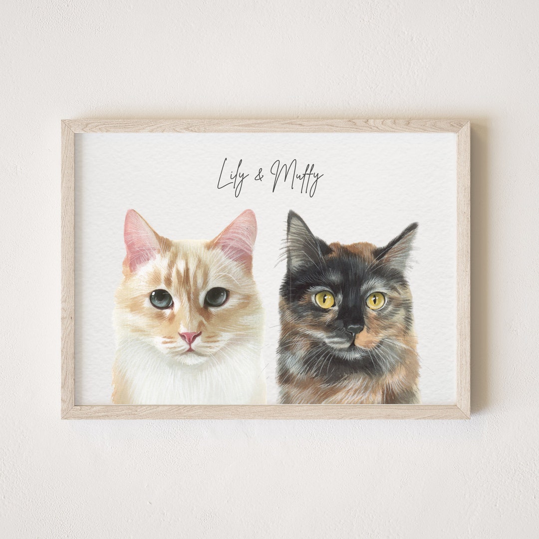 Two Pet Watercolor Portrait, Cat Painting Custom From Photo, Pet ...