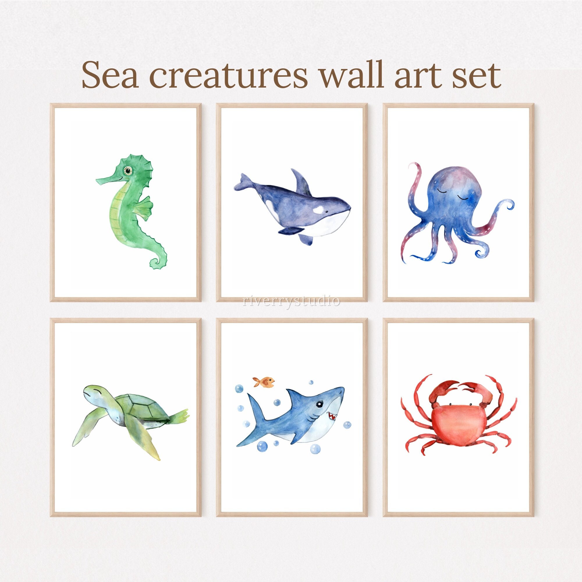 Sea Creatures Nursery Wall Art Set, Watercolor Nursery Wall Art, Baby ...