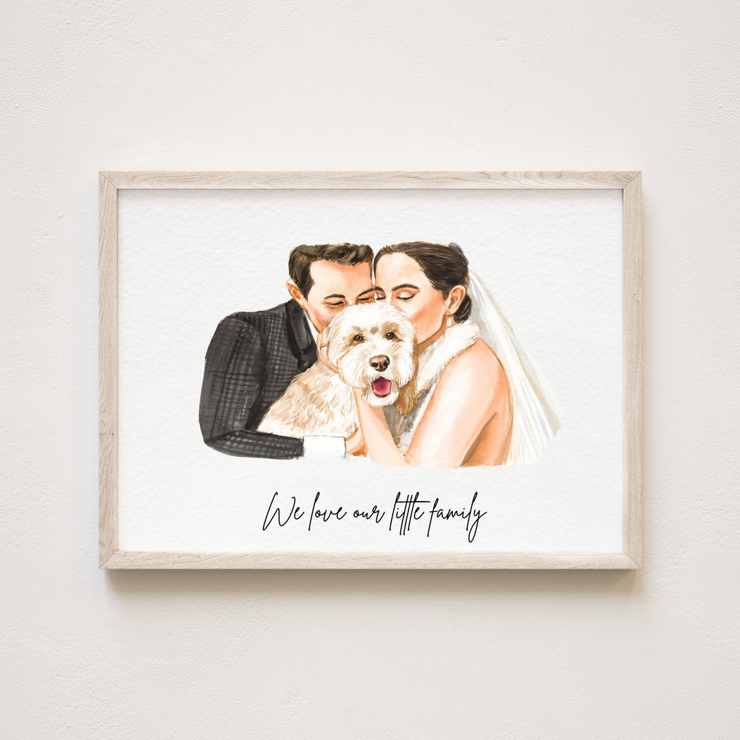 Personalized Couple Portrait With Pet,custom Watercolor Painting Print ...