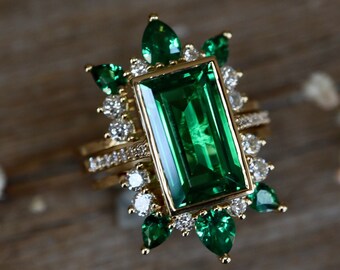 Green Emerald Wedding Ring Set - Etsy
