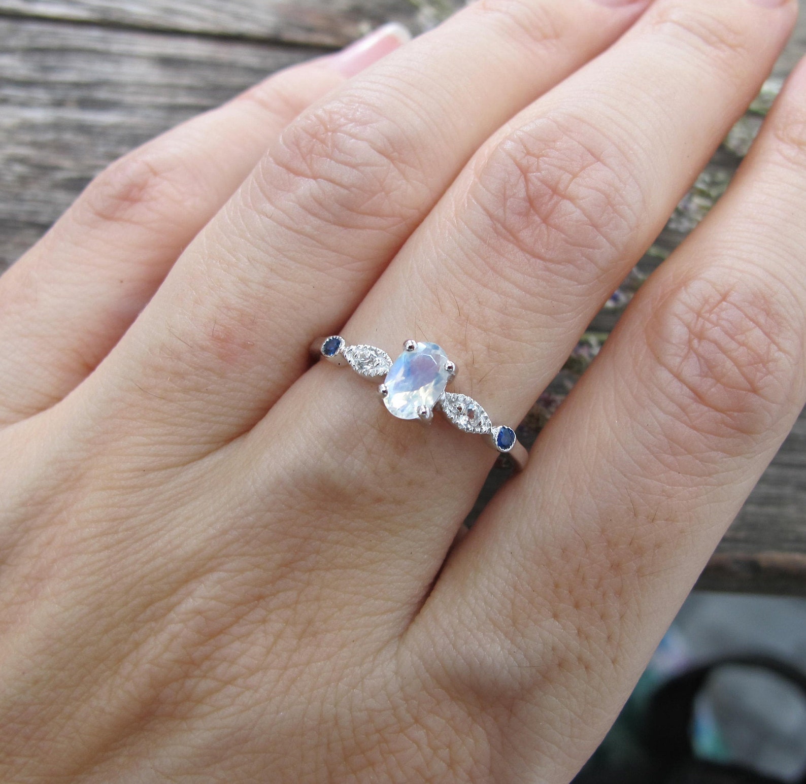 Moonstone Sapphire Promise Ring for Her- Oval Blue Moonstone Engagement ...