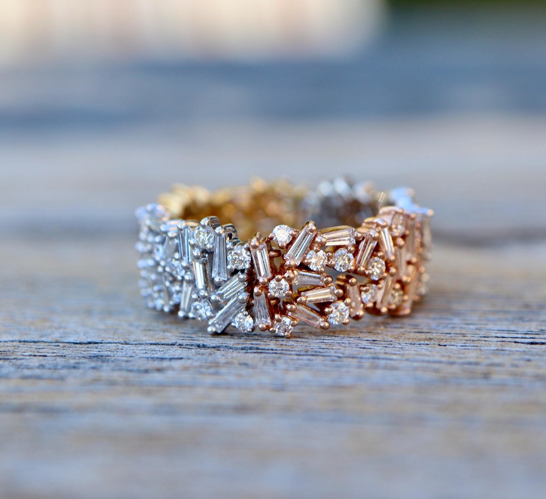 Genuine Tapered Baguette Cluster Diamond 18k Solid Gold Wide Wedding ...