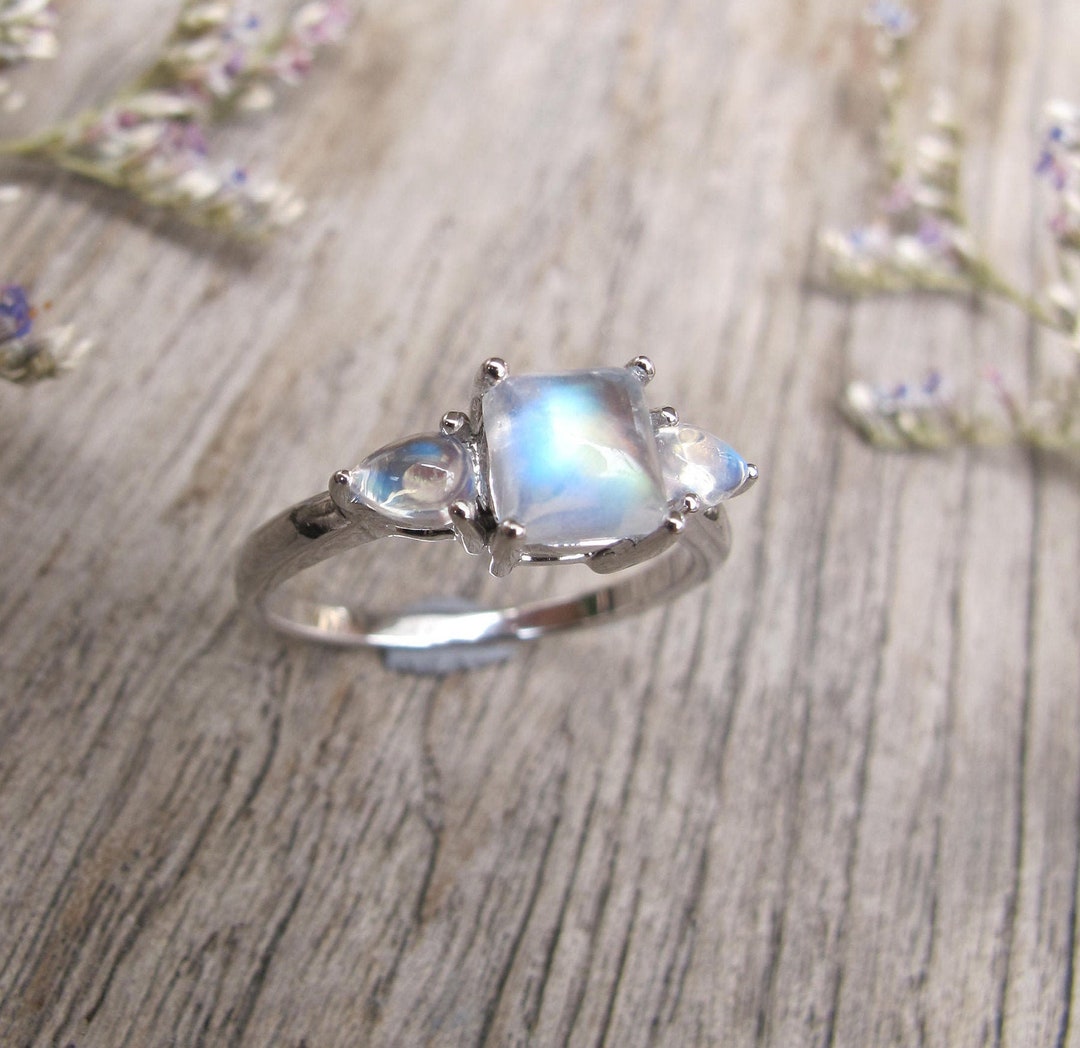 Three Stone Moonstone Promise 14k Ring for Her- Square Moonstone White ...