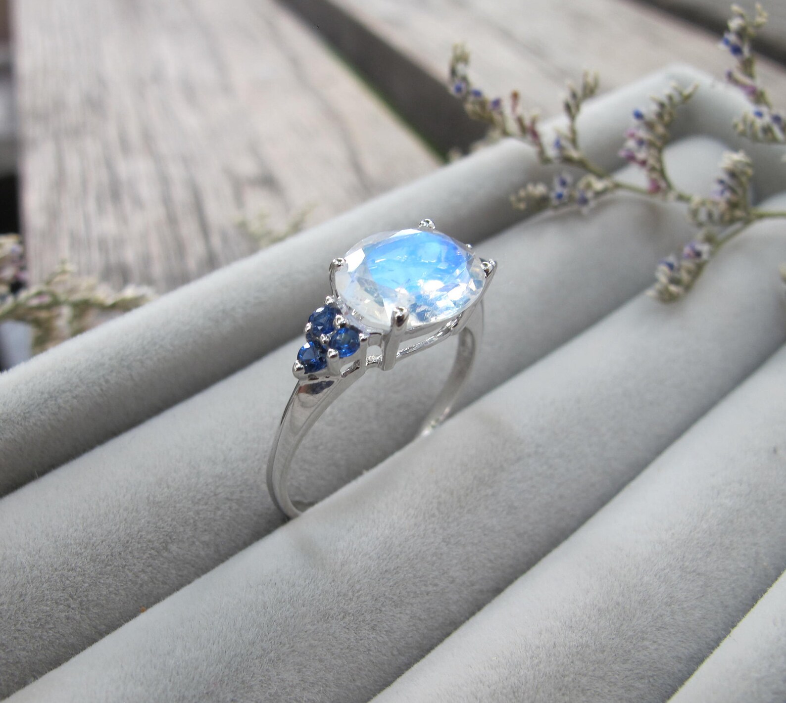Oval Genuine Moonstone Sapphire Engagement Ring Blue | Etsy
