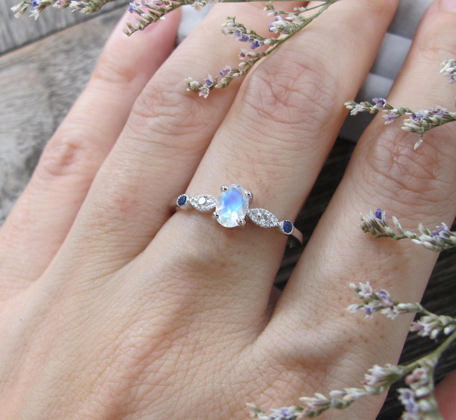 Moonstone Sapphire Promise Ring for Her- Oval Blue Moonstone Engagement ...