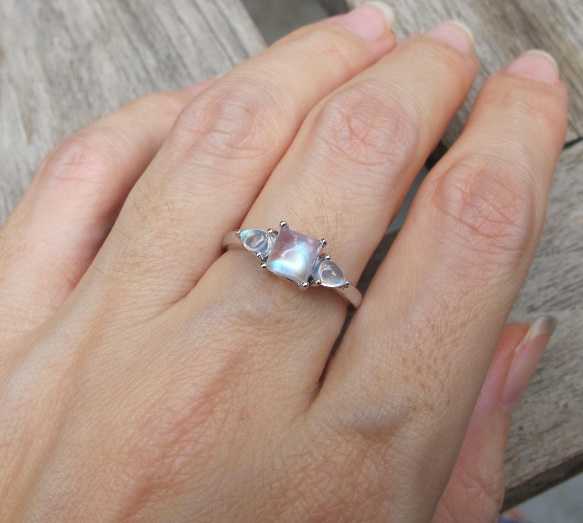 Three Stone Moonstone Promise 14k Ring for Her Square | Etsy