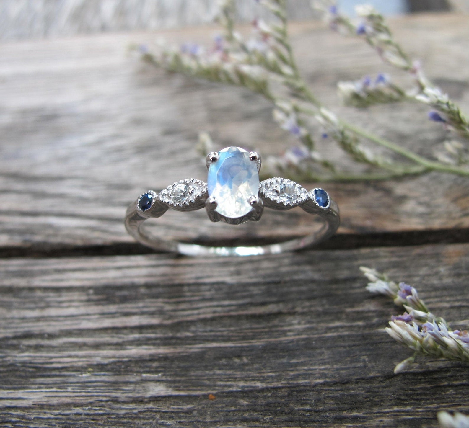 Moonstone Sapphire Promise Ring for Her- Oval Blue Moonstone Engagement ...