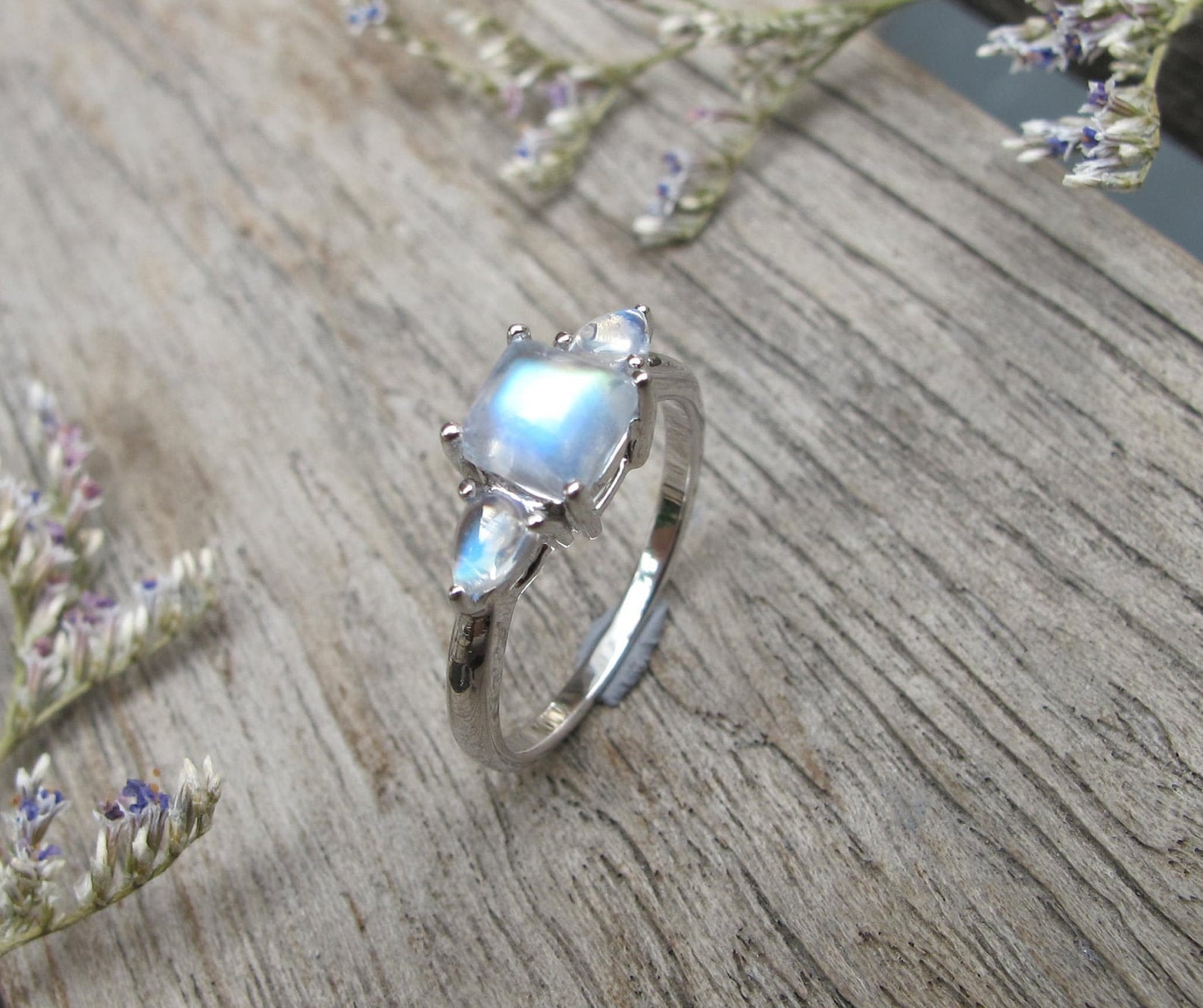 Three Stone Moonstone Promise 14k Ring for Her Square | Etsy