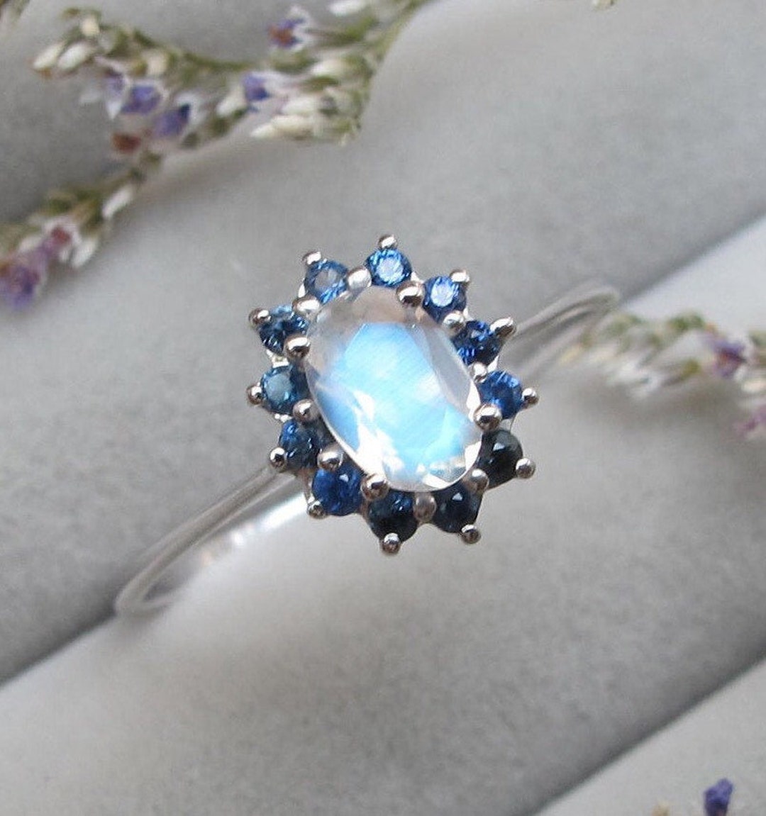 Moonstone Halo Sapphire Promise Ring for Her-oval Blue Moonstone ...