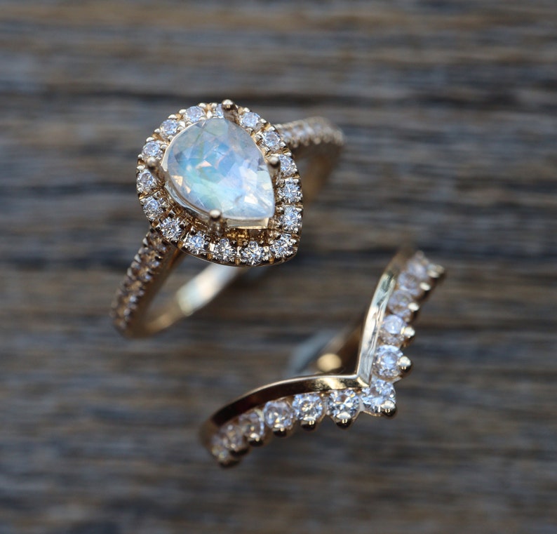 Teardrop Moonstone Engagement 2 Ring Set-pear Natural Moonstone Halo ...