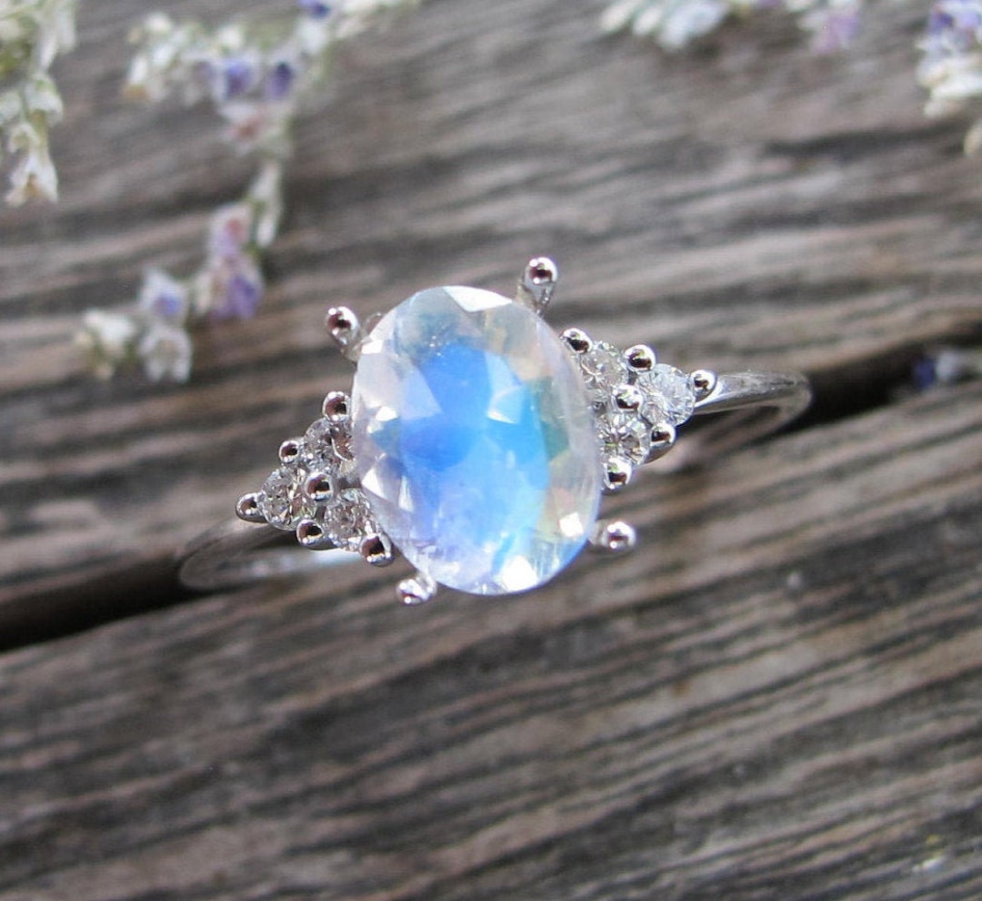 Oval Moonstone Diamond Engagement Ring Blue Moonstone Promise Ring for ...
