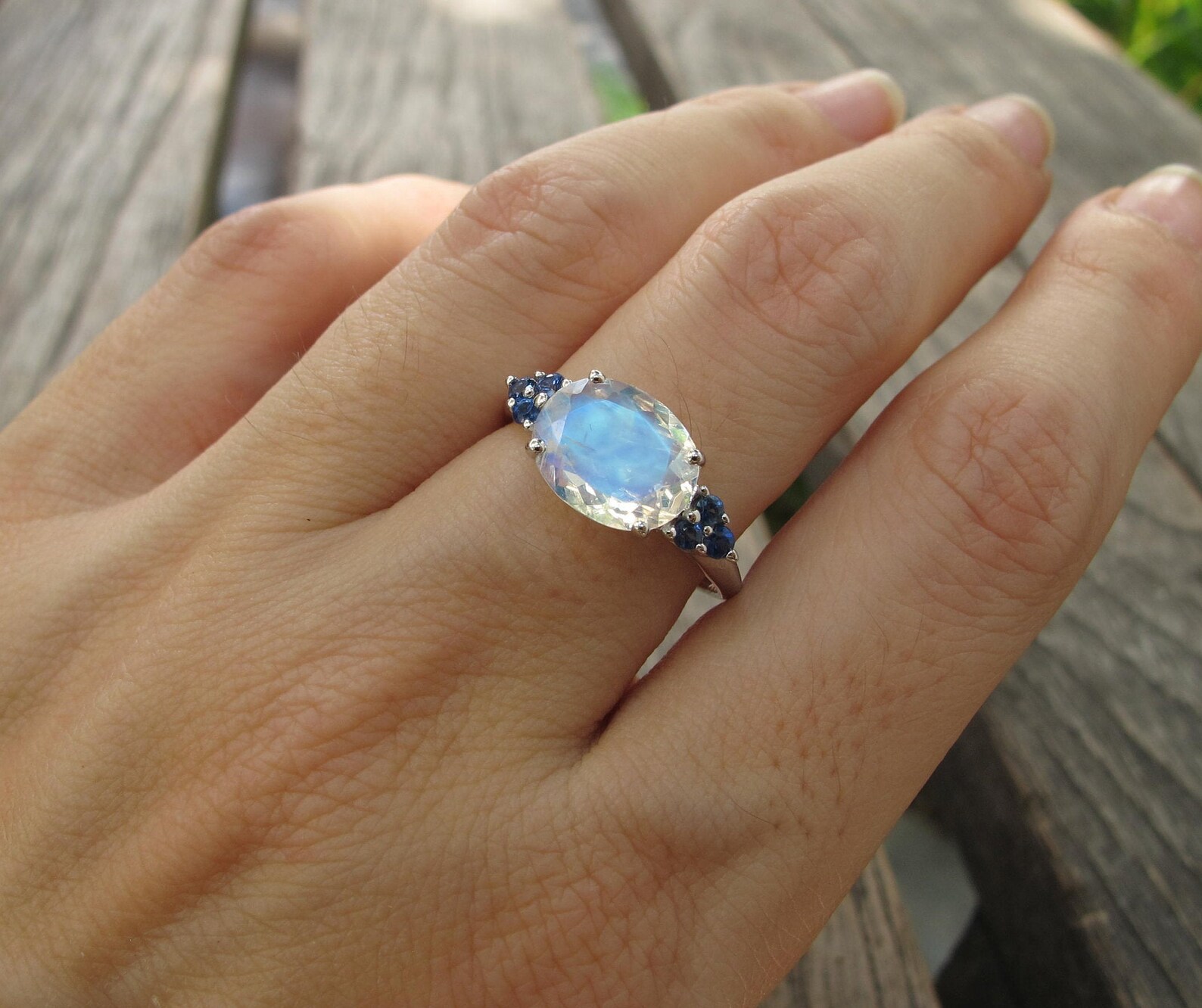 Oval Genuine Moonstone Sapphire Engagement Ring Blue | Etsy
