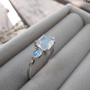 Three Stone Moonstone Promise 14k Ring for Her- Square Moonstone White ...