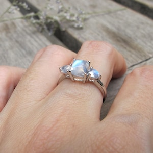 Three Stone Moonstone Promise 14k Ring for Her- Square Moonstone White ...