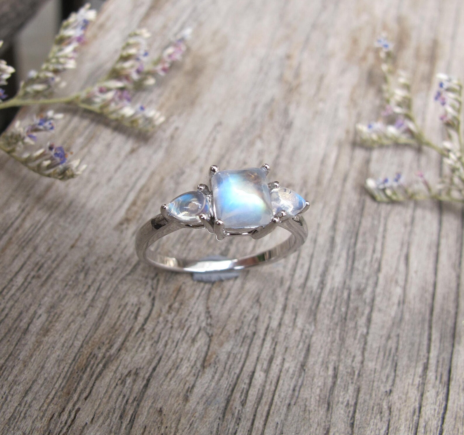 Three Stone Moonstone Promise 14k Ring for Her Square | Etsy
