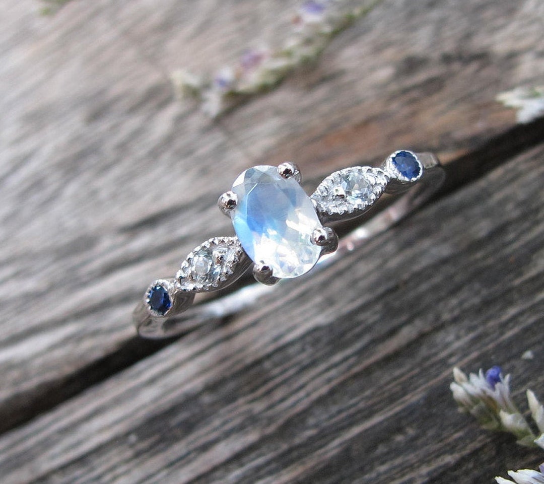 Moonstone Sapphire Promise Ring for Her- Oval Blue Moonstone Engagement ...