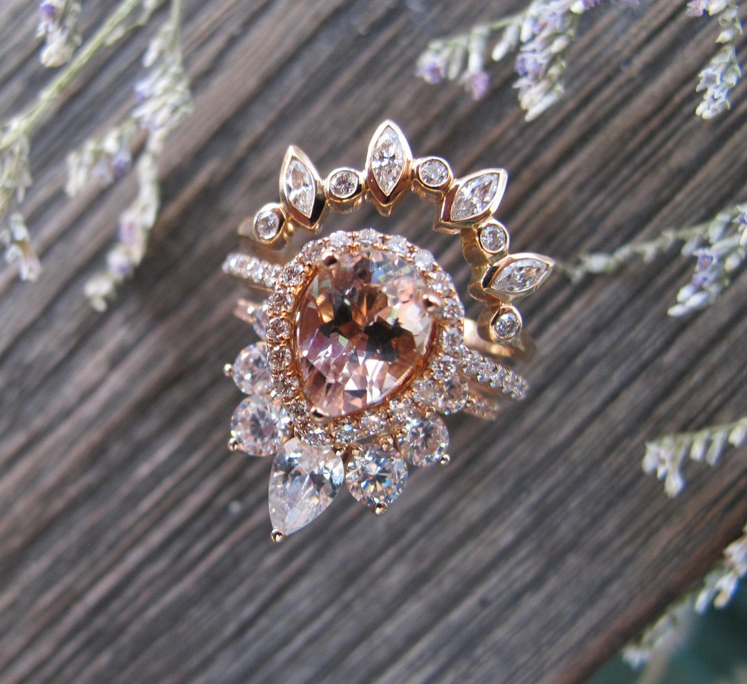 Solid 14k Gold Genuine Morganite Halo Bridal 3 Ring Set for Her ...