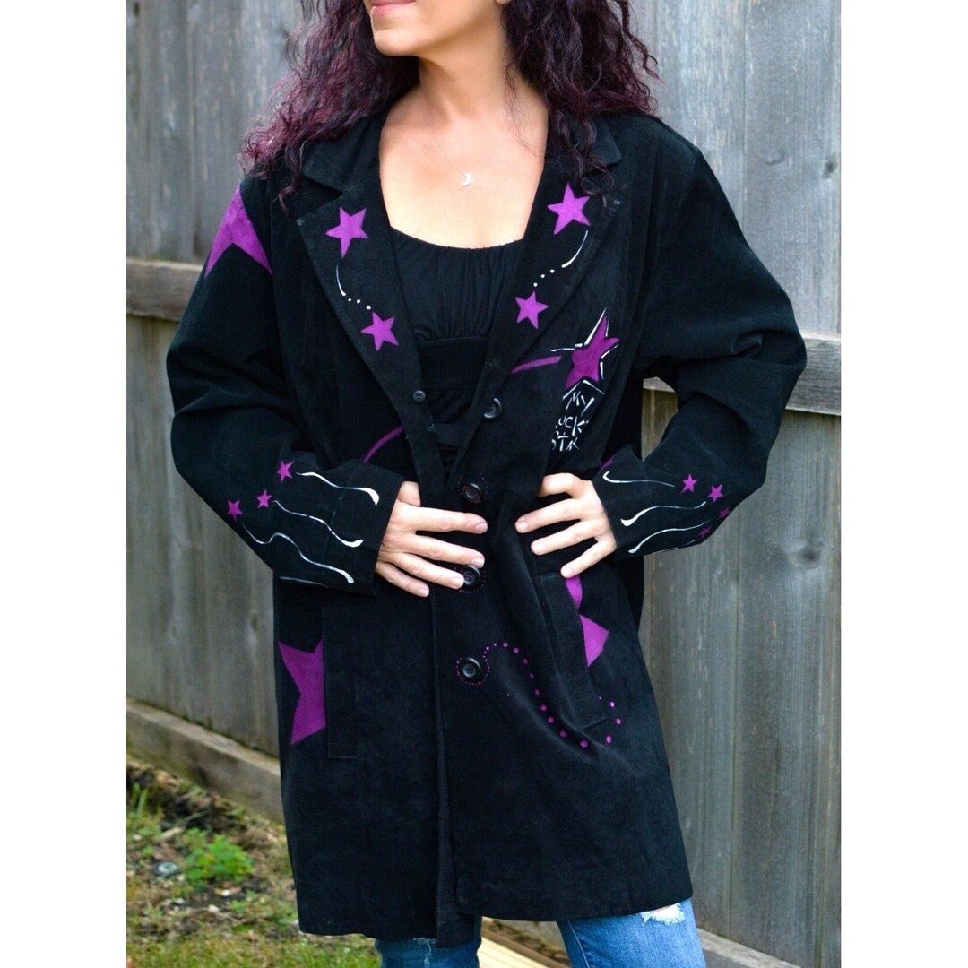 Vintage Black Distressed Suede Jacket, Magenta Hand Painted Stars - Etsy