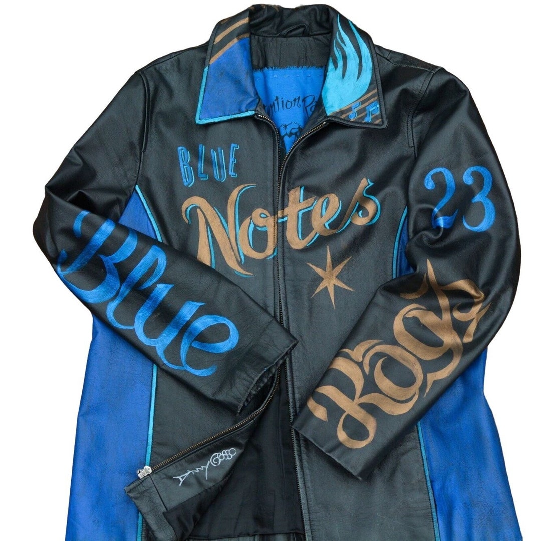 Vintage Black Leather Jacket, Hand Painted Turquoise Blue Notes ...