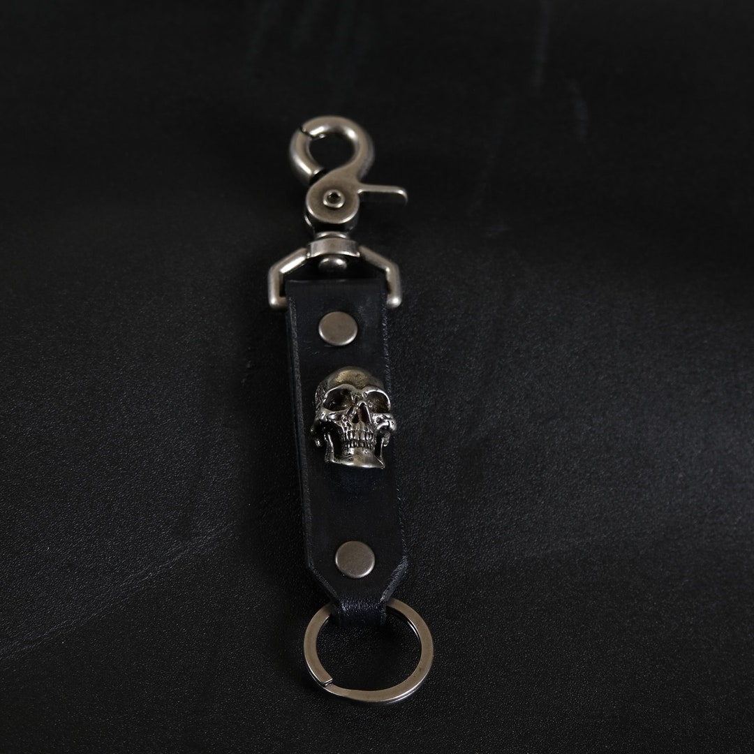 Skull Leather Keychain. Clip On. Black & Nickel - Etsy