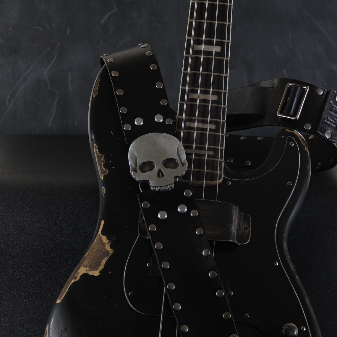 Studded Leather Guitar Strap. Custom SKULL Buckle. 2.5 - Etsy