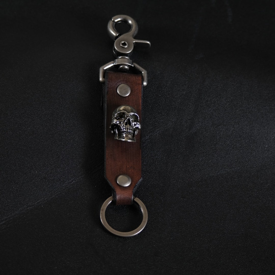 Skull Leather Keychain. Lanyard Clip On. Antique Black & Nickel - Etsy