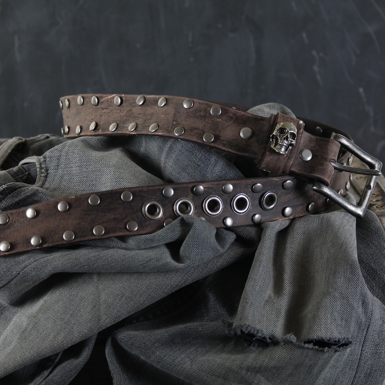 Distressed Leather Belt Studded. Skull Loop Design. 1.5 Inches Wide ...