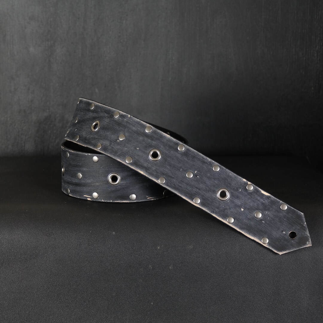 Aged Leather Guitar Strap. Studded & Grommets Design. 2.5” Wide. BLACK ...