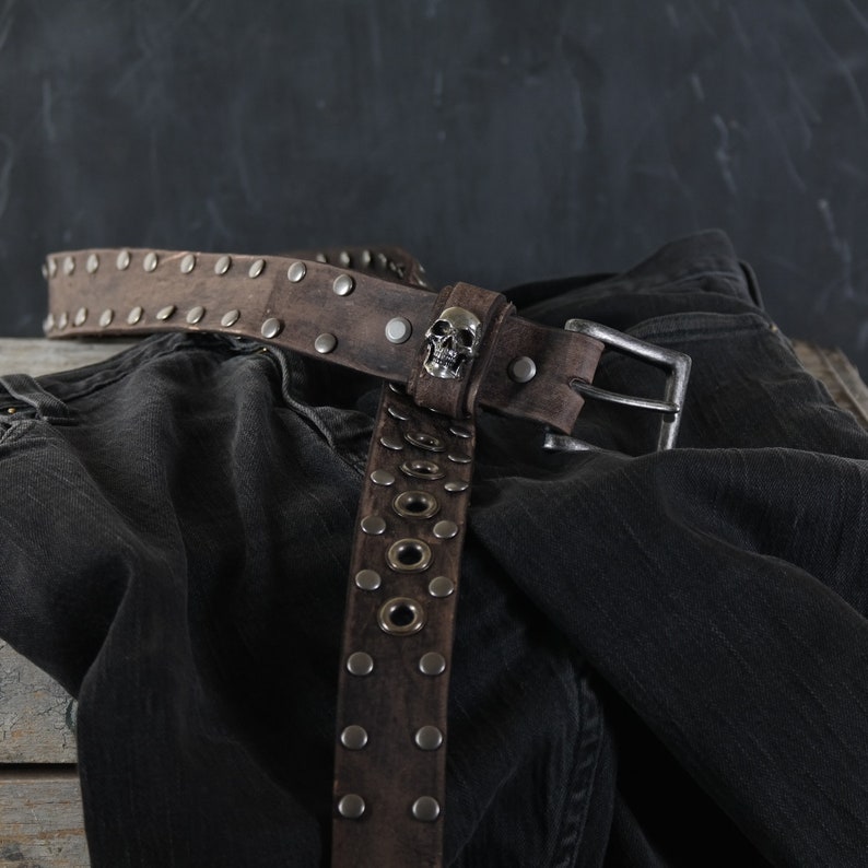 Distressed Leather Belt Studded. Skull Loop Design. 1.5 Inches Wide ...