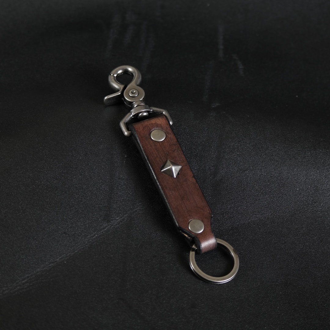 Leather Clip on Keychain. Pyramid Stud. Antique BLACK & Nickel - Etsy