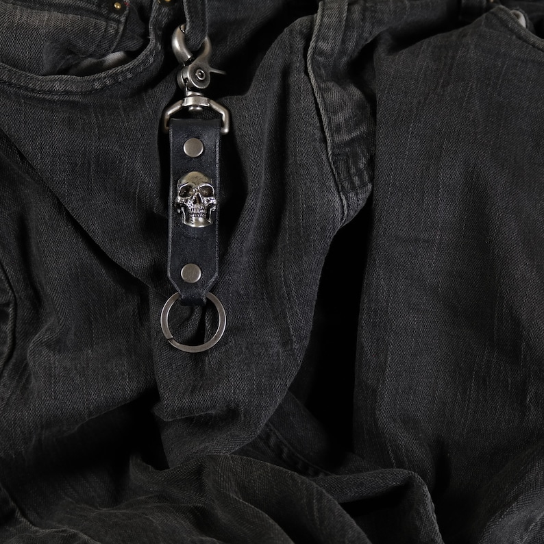 Skull Leather Keychain. Clip On. Black & Nickel - Etsy