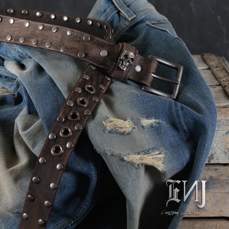 Distressed Leather Belt Studded. Skull Loop Design. 1.5 Inches Wide ...