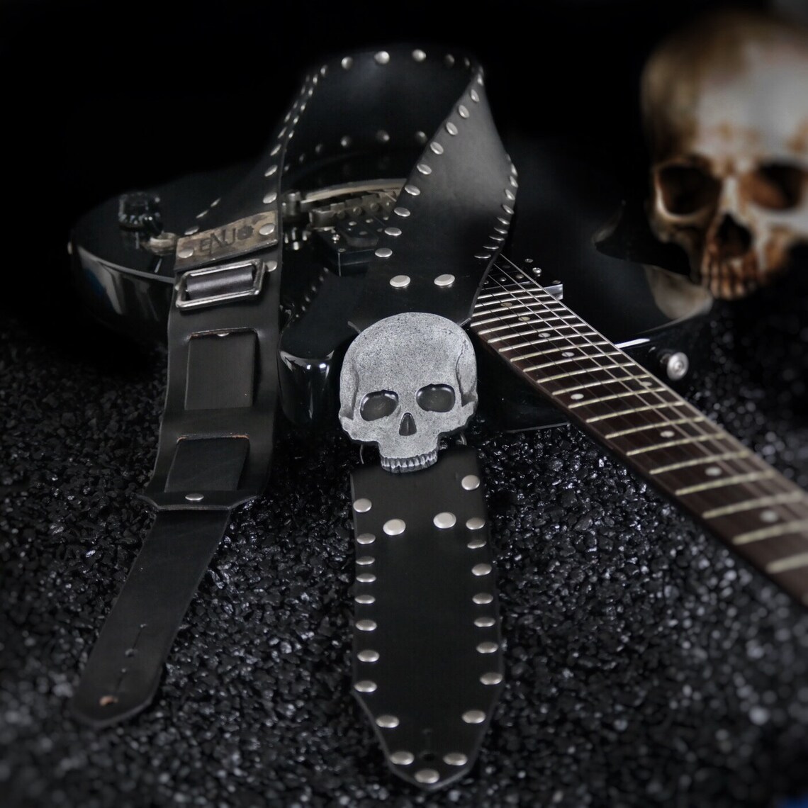 Studded Leather Guitar Strap. Custom SKULL Buckle. 2.5 - Etsy