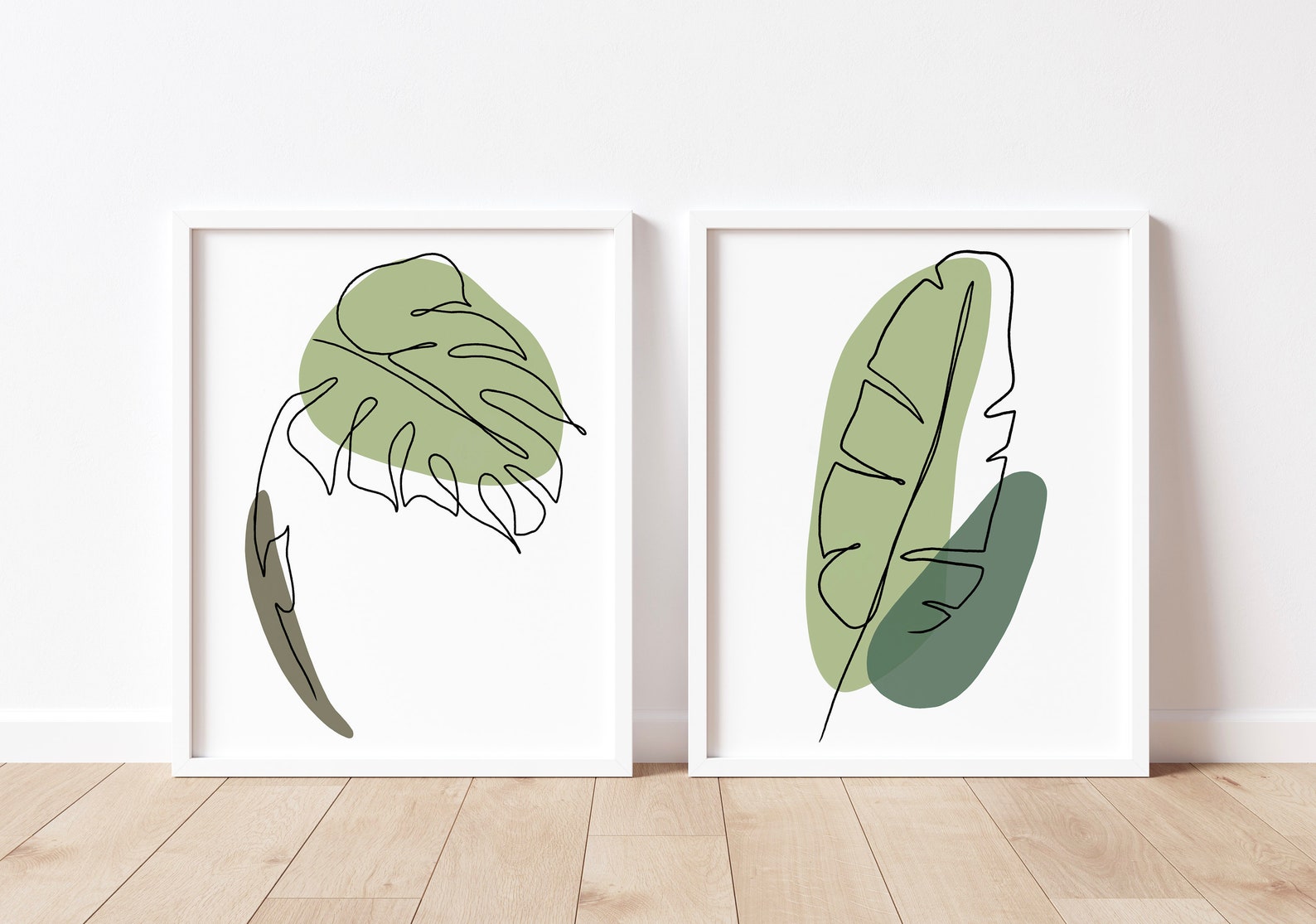 Set of 2 Green Leaf Line Drawing Wall Art. Printable Art / - Etsy