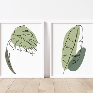 Set of 2 Green Leaf Line Drawing Wall Art. Printable Art / - Etsy