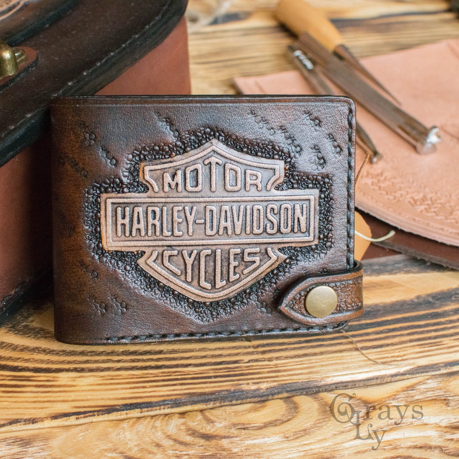 Harley Davidson Biker Hand tooled leather Men wallet carved | Etsy