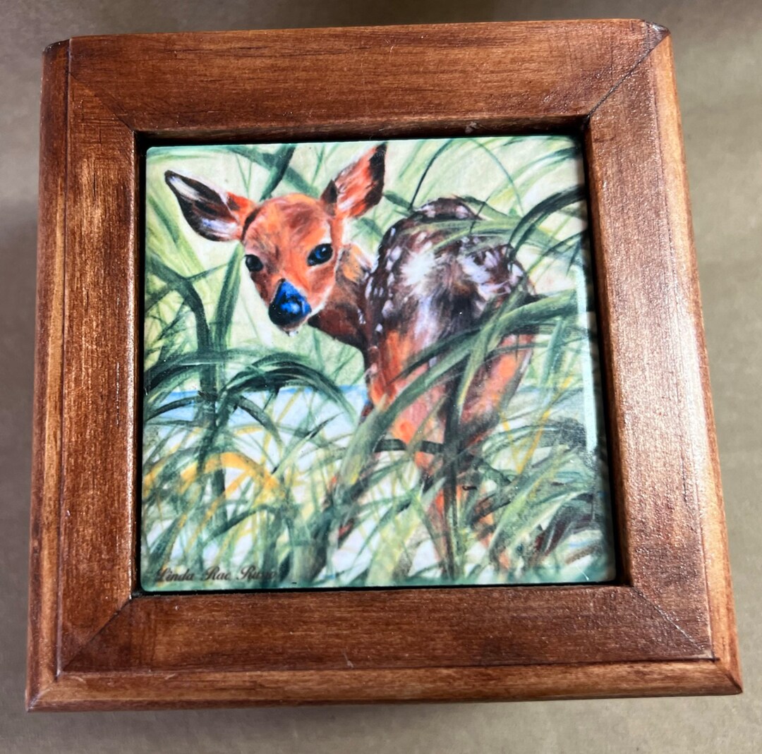 Fawn Hand-made Wooden Trinket, Jewelry, Keepsake Box With Ceramic Tile ...