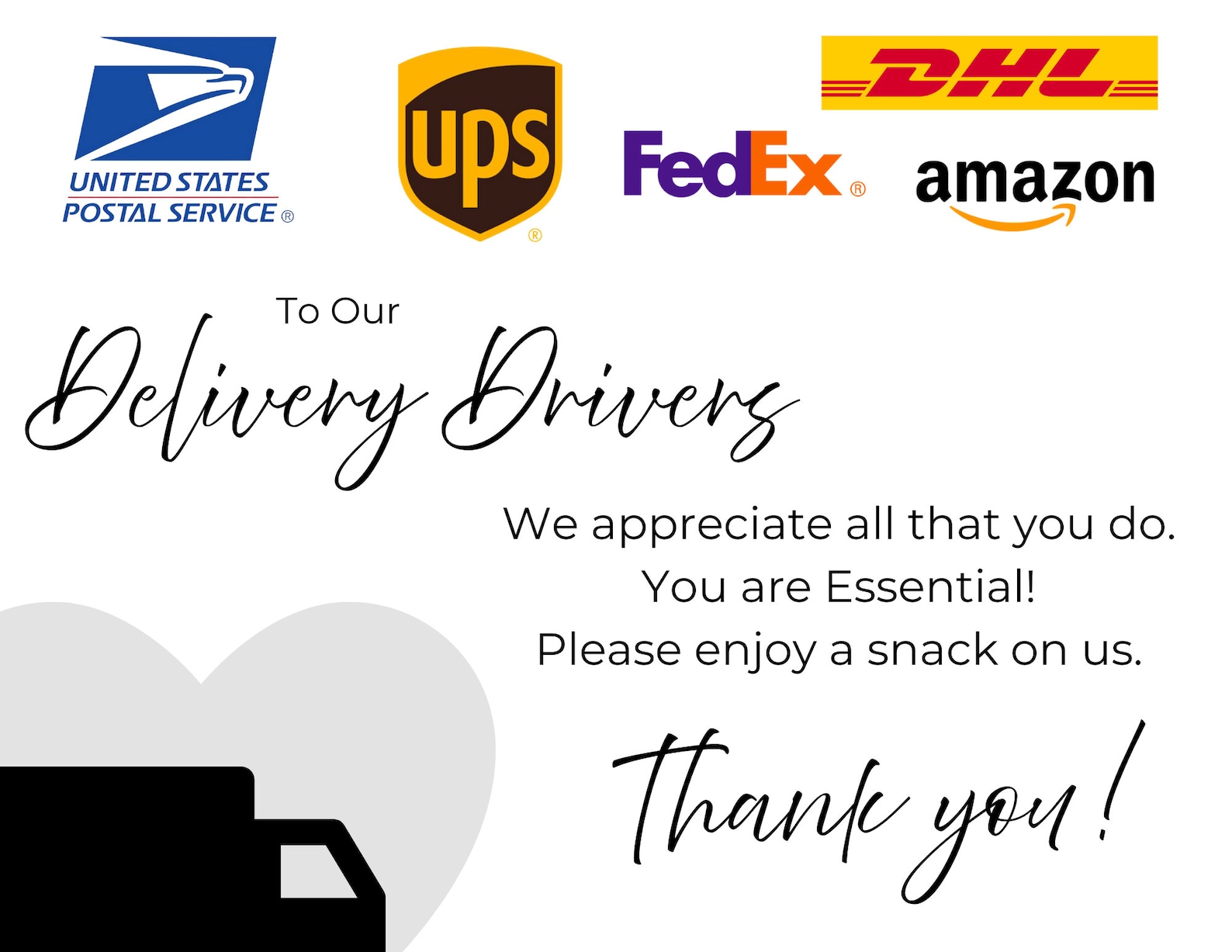 Delivery Driver Thank You Printable Amazon UPS Fedex USPS DHL Snacks ...