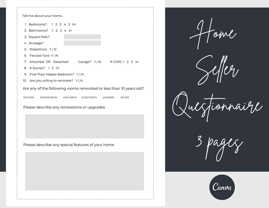 Real Estate Seller Questionnaire PDF and Canva Template Instant ...