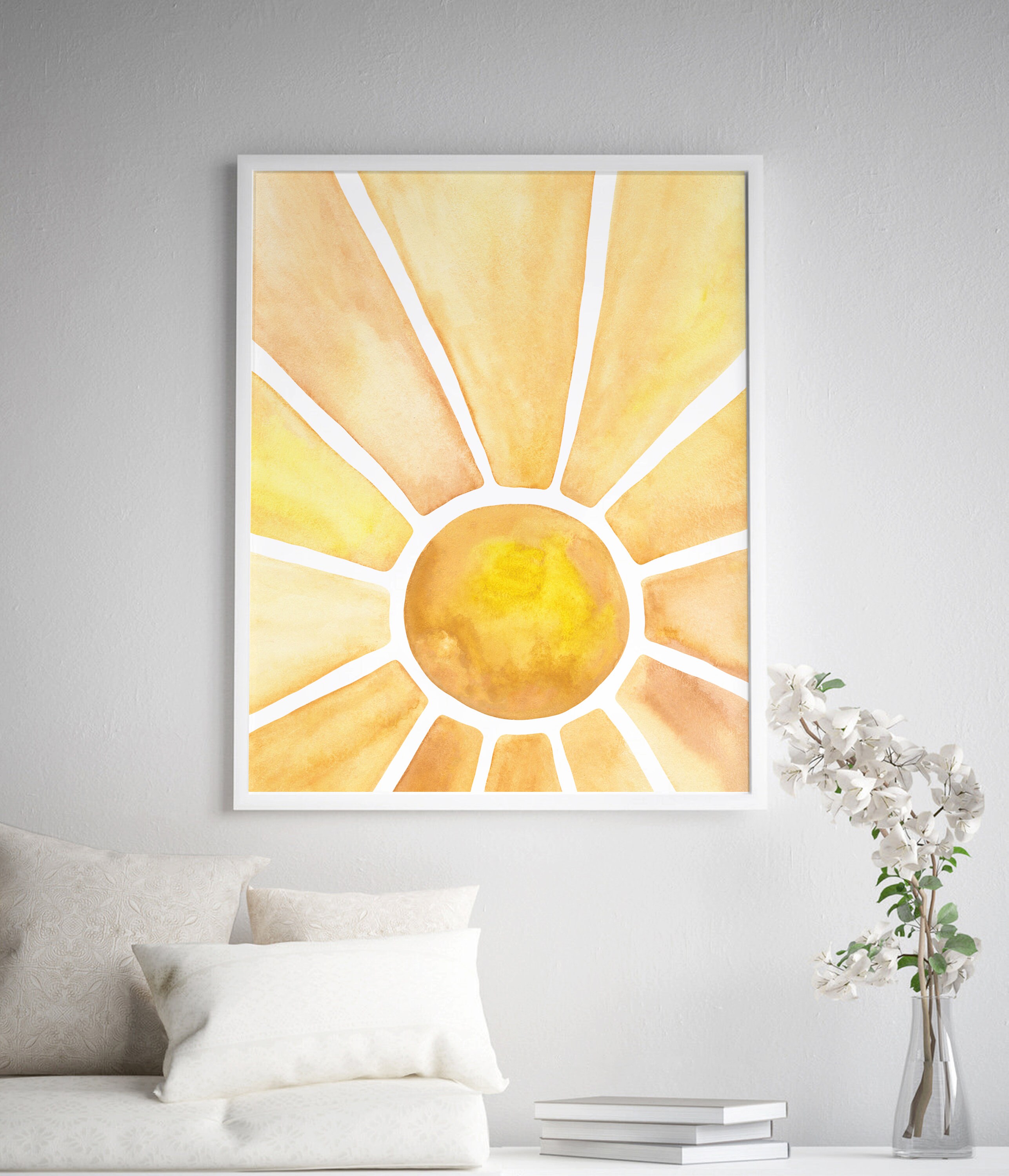 Sun rays art print Watercolor sunshine printable wall art | Etsy